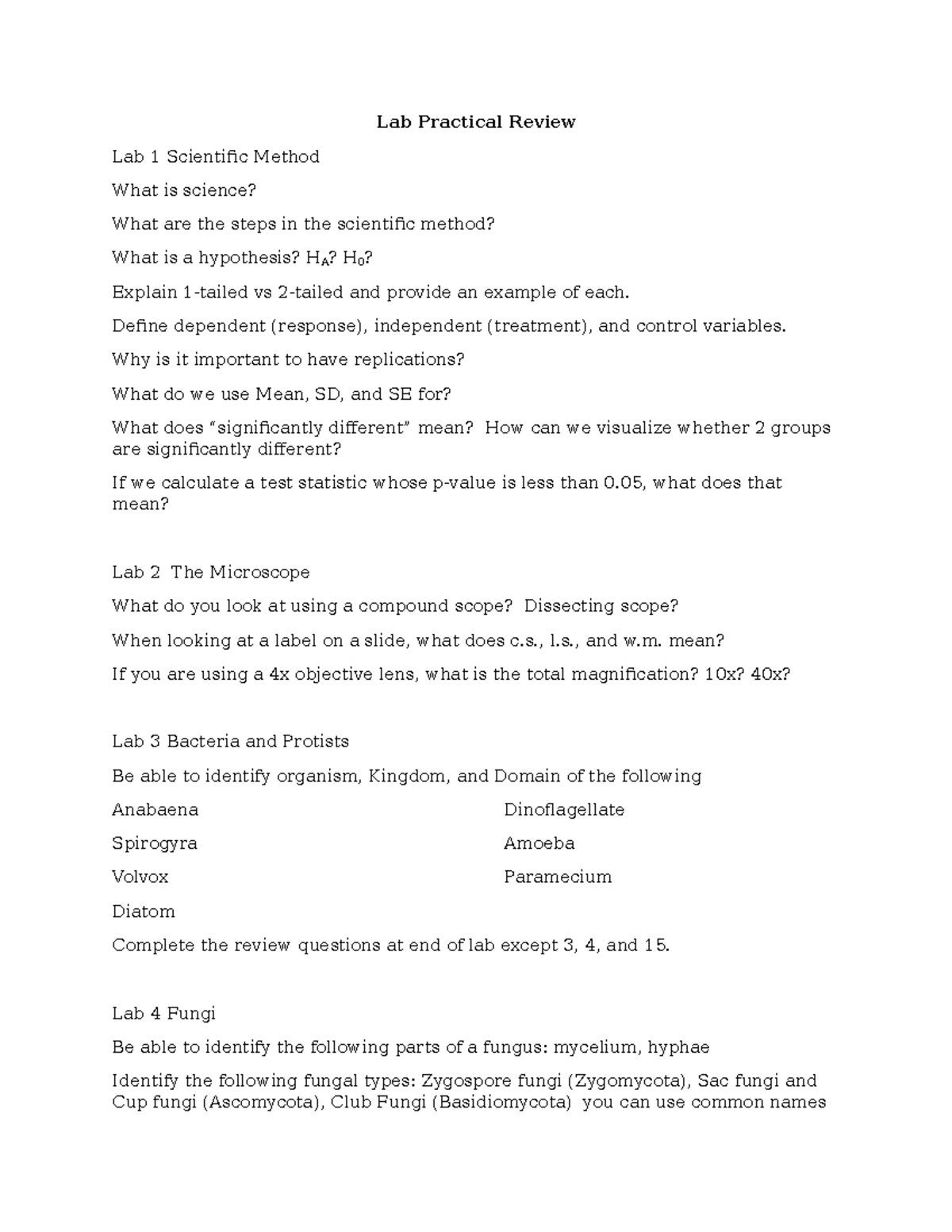 Lab Practical Review 1 - Lab Practical Review Lab 1 Scientific Method ...