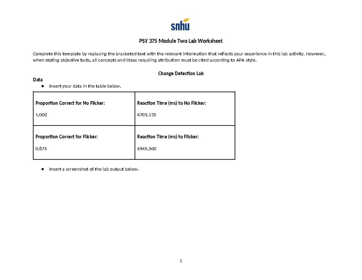 Module Two Lab Worksheet - PSY 375 Module Two Lab Worksheet Complete ...