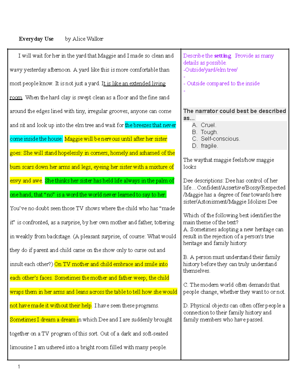 Natalya Kitchen - Everyday Use Reading Questions - Everyday Use by ...