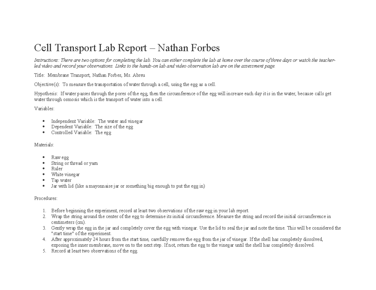 Nathan Forbes - Cell Transport Lab Report - Cell Transport Lab Report ...