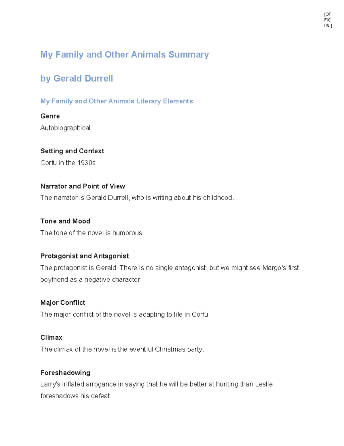 My Family and Other Animals Summary - FIC IAL] My Family and Other ...