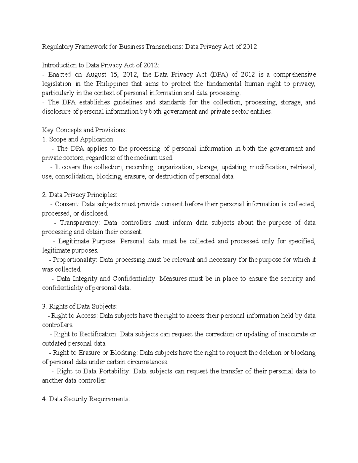 DATA Privacy ACT OF 2012 - Regulatory Framework for Business ...