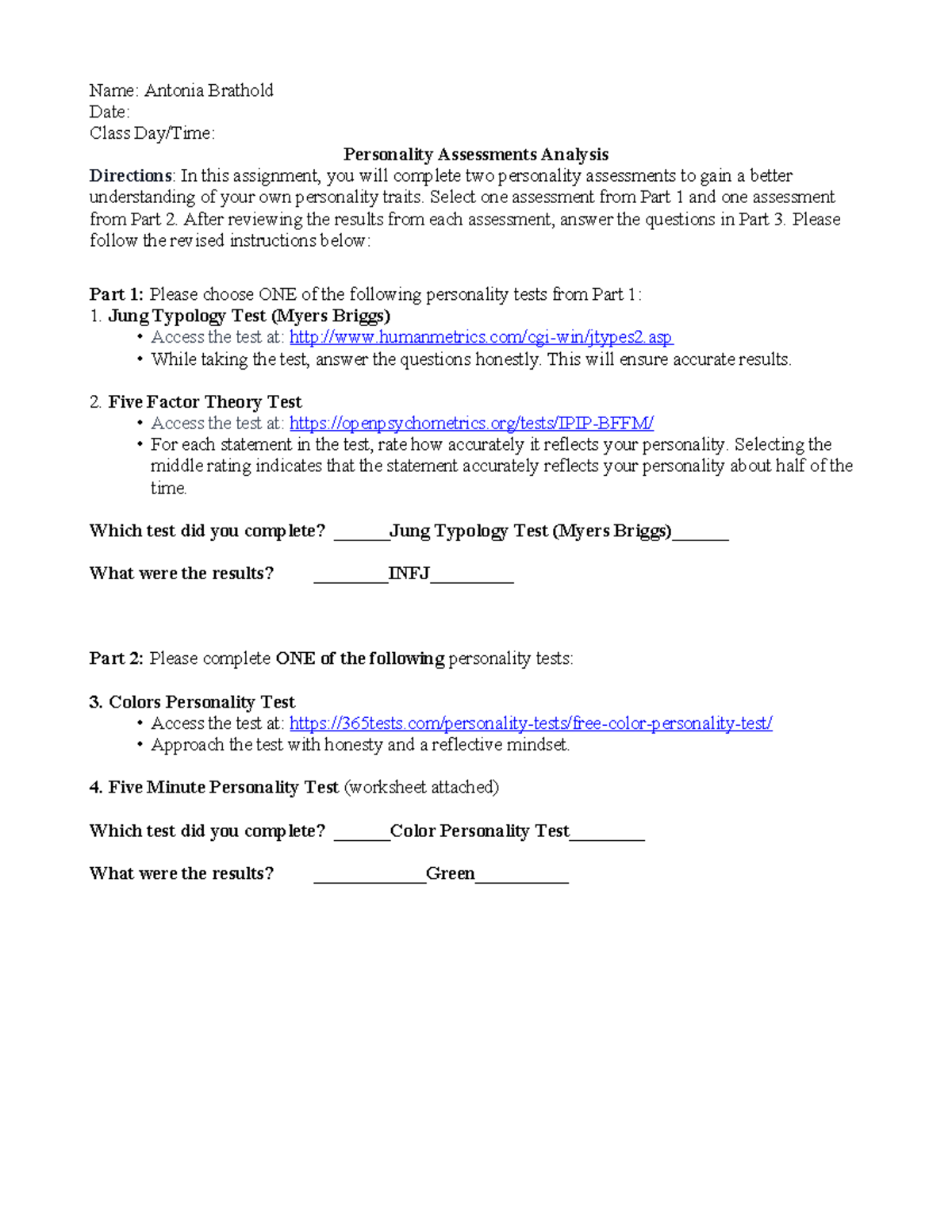 Personality Assessments - Select one assessment from Part 1 and one ...