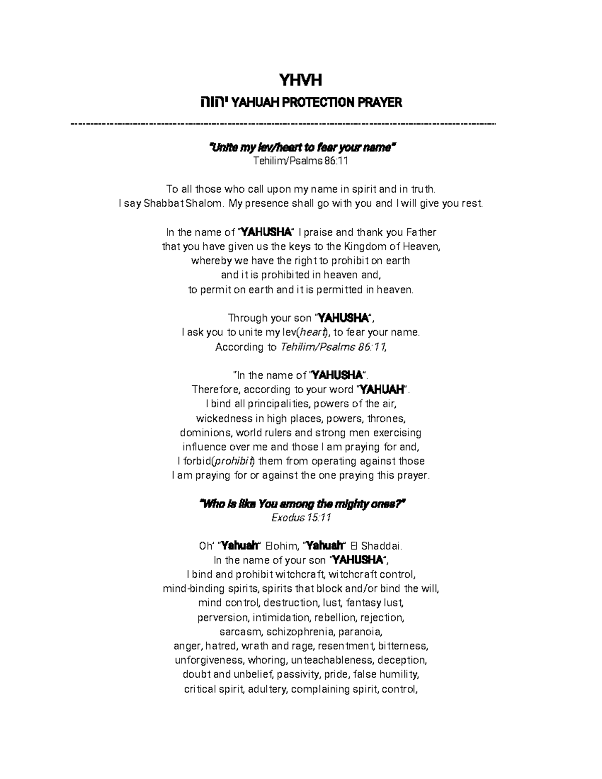 YHVH Protection Prayer - YHVH הו ה יYAHUAH PROTECTION PRAYER “Unite my ...
