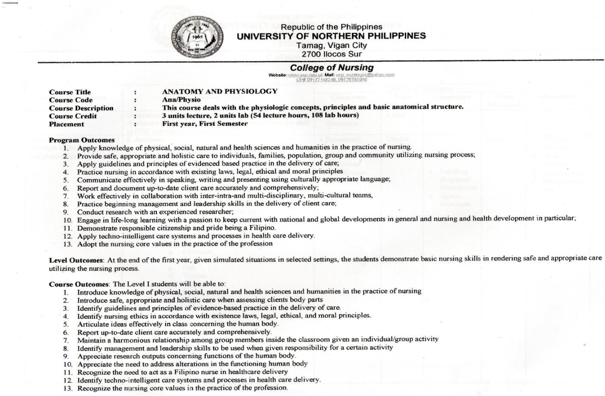 Ana Phy Syllabus - Anatomy and Physiology - Warning: TT: undefined function: 32 - Studocu