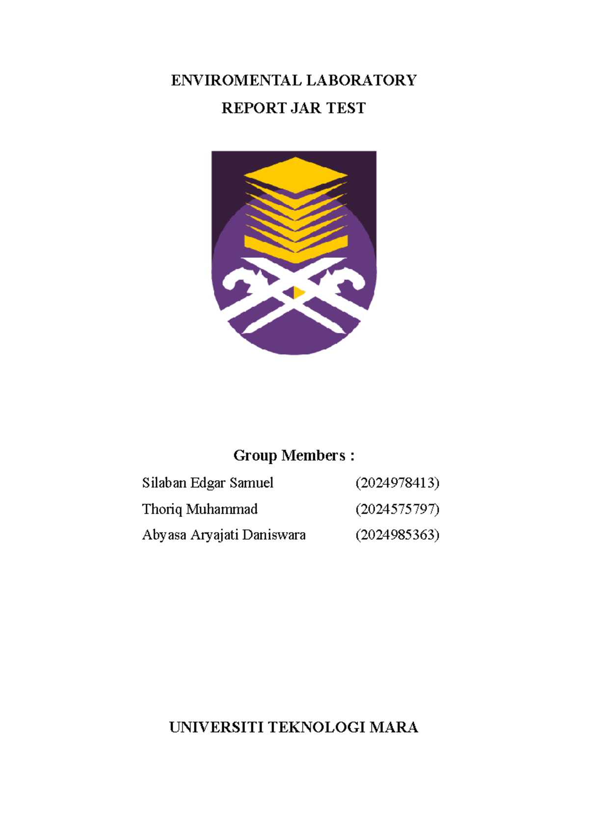 JAR TEST Group 2 Report - ENVIROMENTAL LABORATORY REPORT JAR TEST Group ...