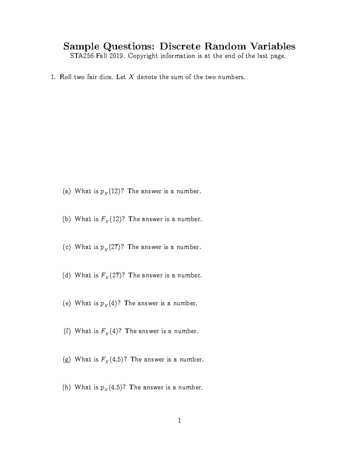 256f19Discrete RVs Sample Questions - Sample Questions: Discrete Random ...