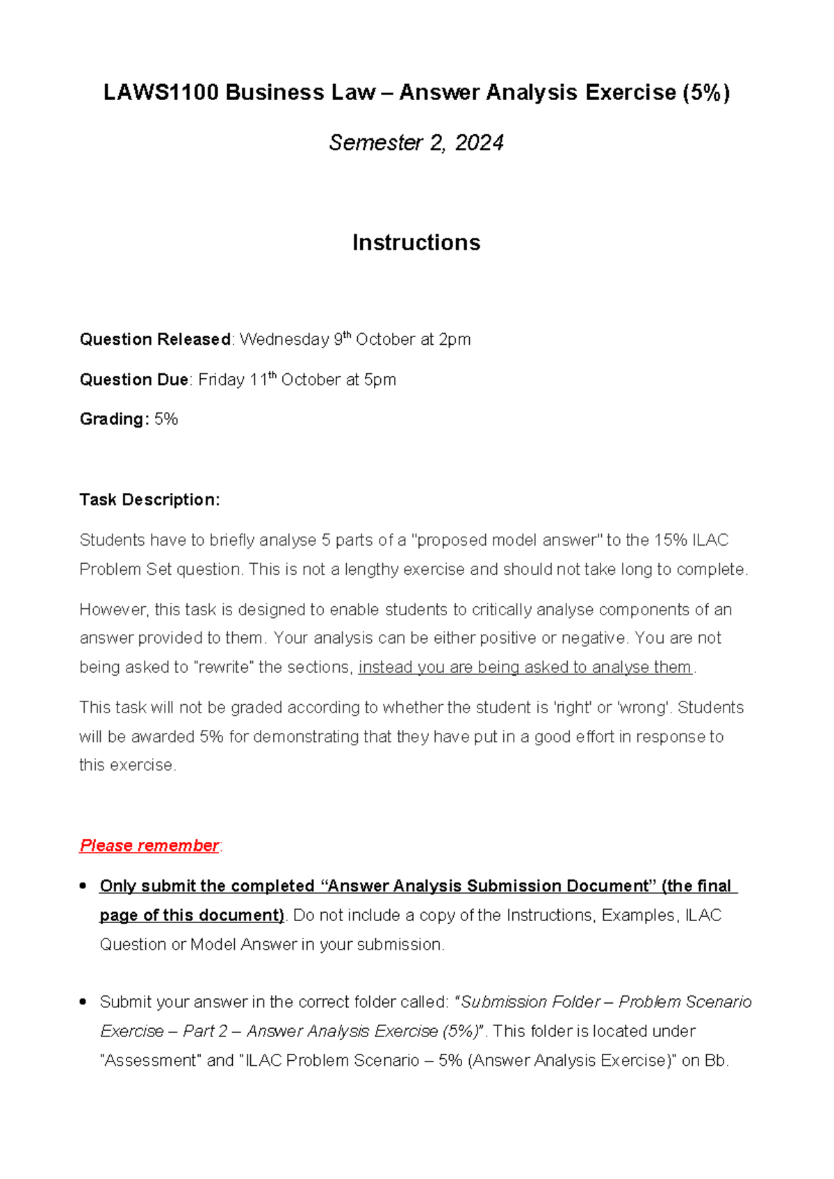 Problem Set Scenario - Answer Analysis Exercise 5% - LAWS1100 Business ...