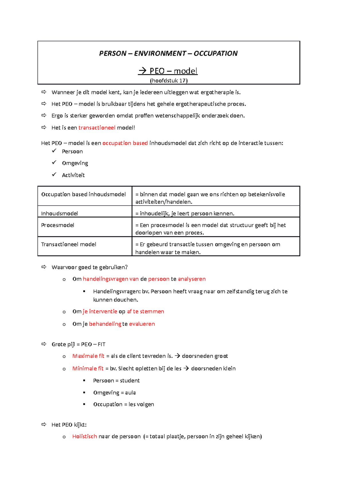 PEO - model - PERSON – ENVIRONMENT – OCCUPATION PEO – model (hoofdstuk ...