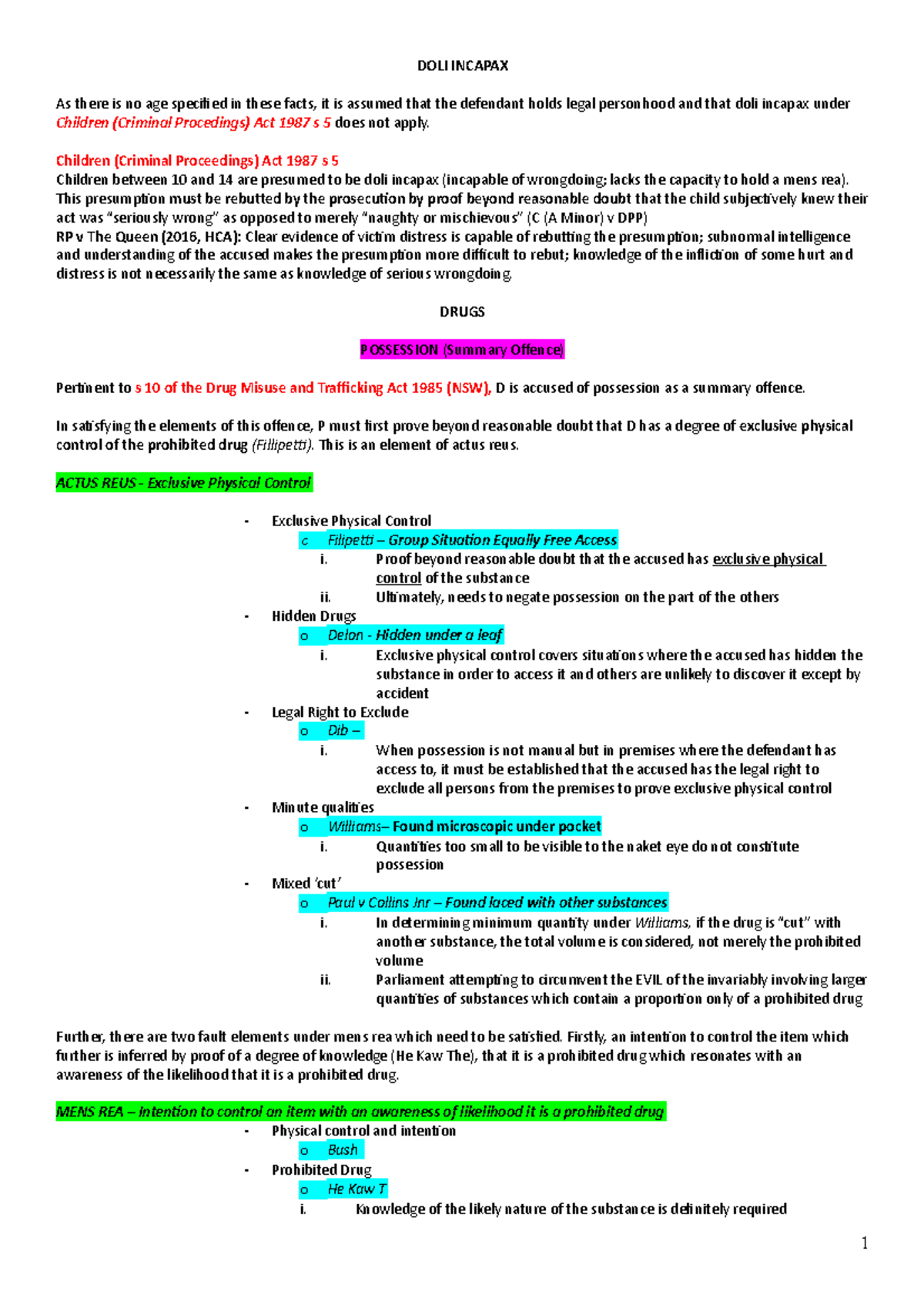 Crime and the Criminal Process Notes - DOLI INCAPAX As there is no age ...