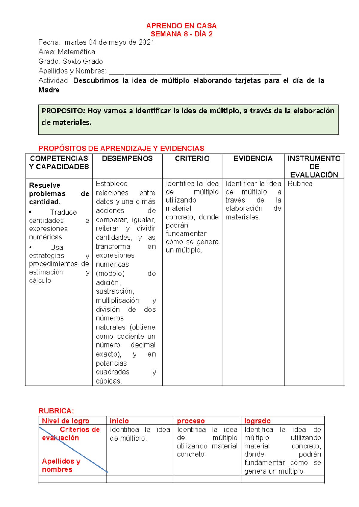 Actividad - Educación - APRENDO EN CASA SEMANA 8 - DÍA 2 Fecha: martes ...