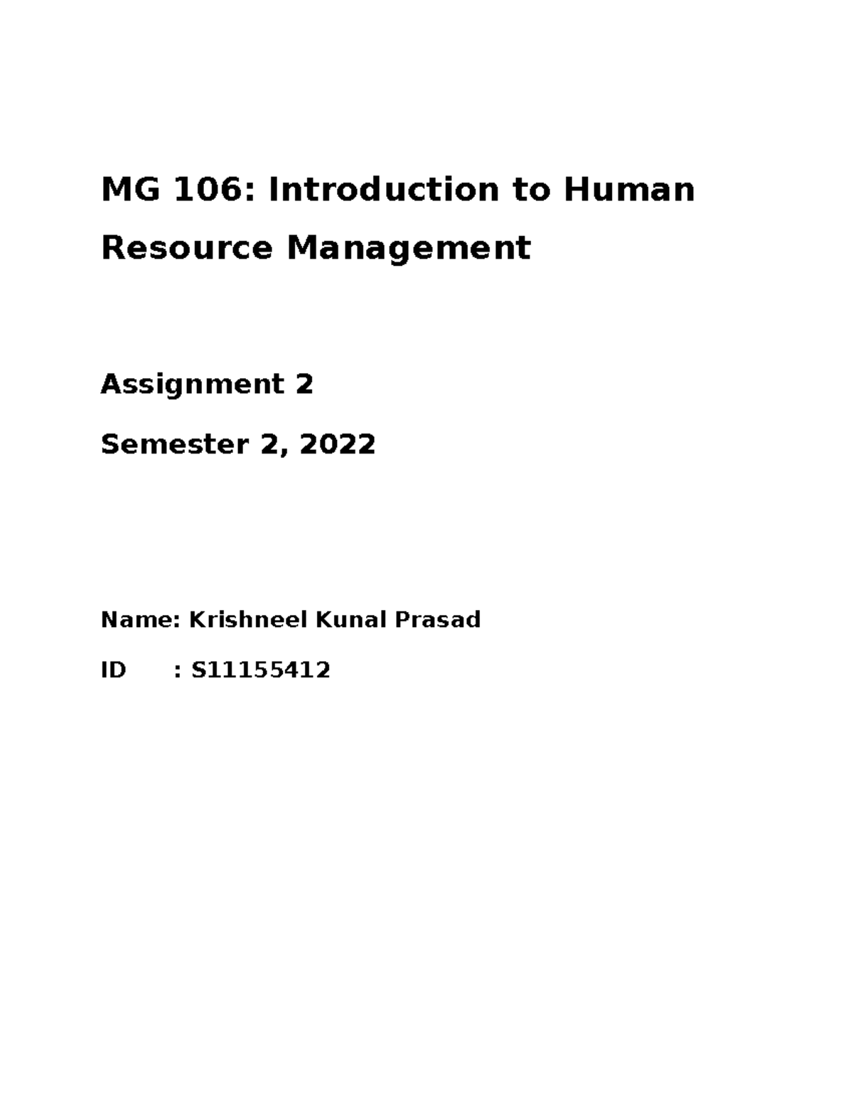 S11155412 Assignment 2 - MG 106: Introduction to Human Resource Management Assignment 2 Semester ...