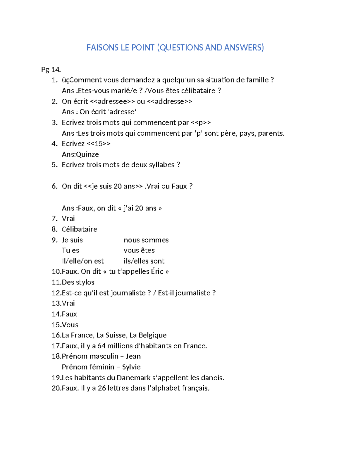 Questions AND Answers - FAISONS LE POINT (QUESTIONS AND ANSWERS) Pg 14 ...