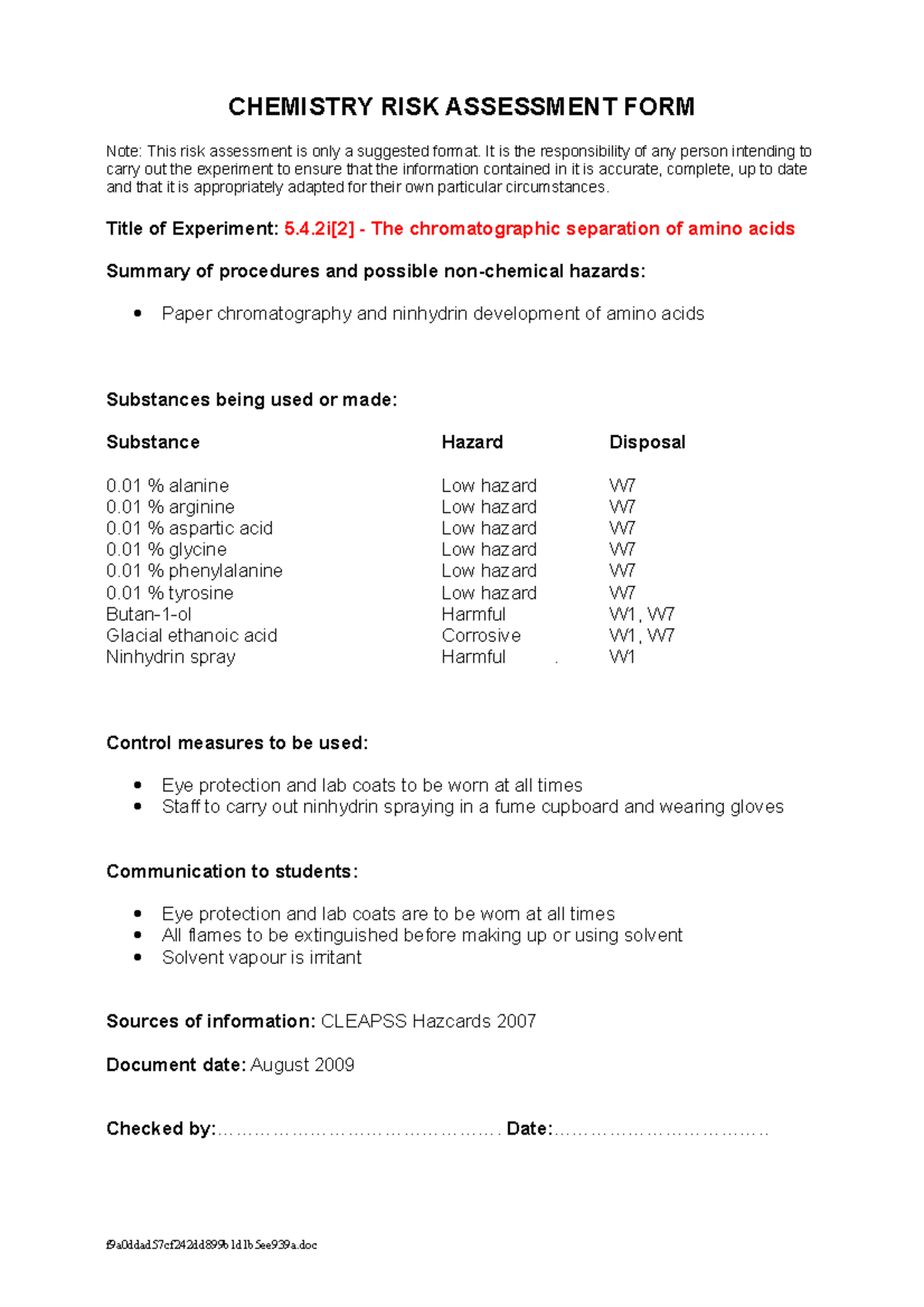 Chemistry RISK Assessment FORM - 5 - TP5003 - KUL - Studocu