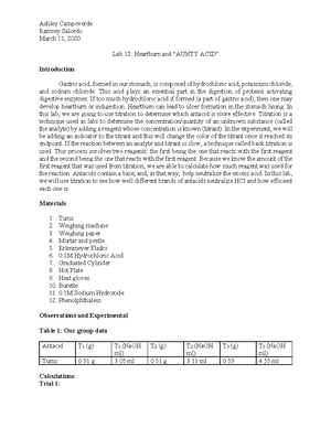 Bleach Lab Report - Lab - Ashley Campoverde Chemistry 2003 BMWF ...