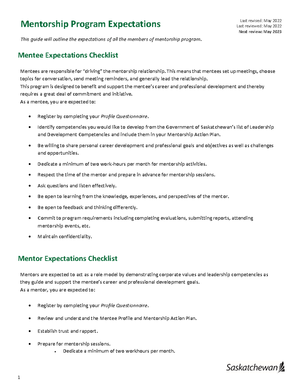 Mentorship Program Expectations - 1 Mentee Expectations Checklist ...