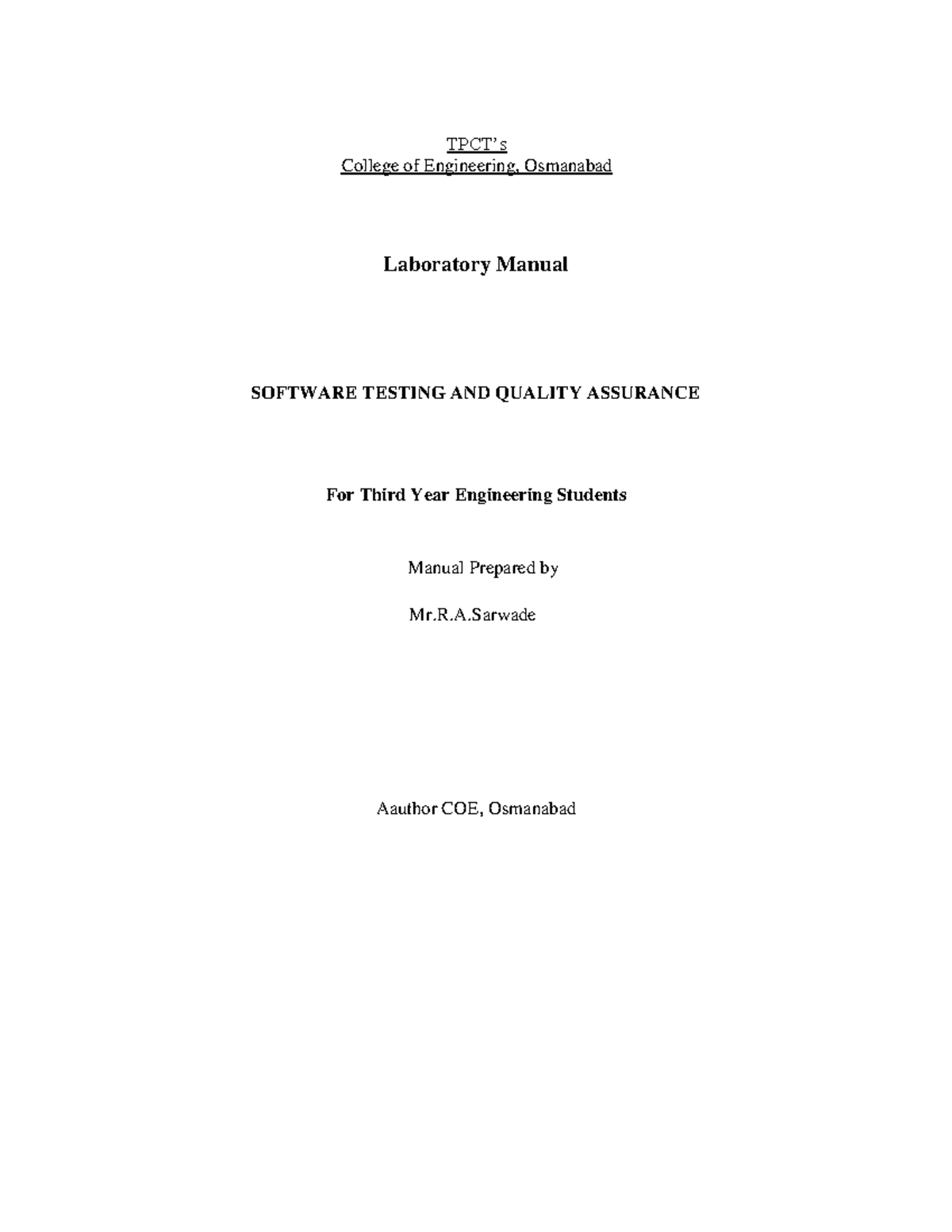 Stqa - TPCT’s College of Engineering, Osmanabad Laboratory Manual ...