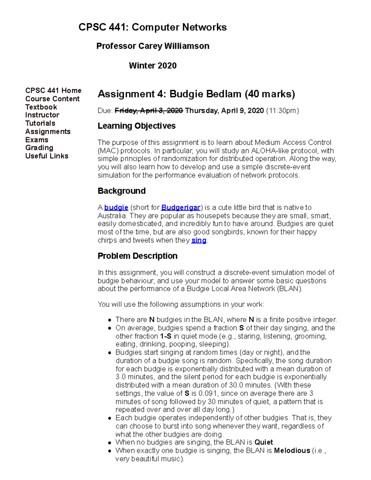 Cpsc 441 Assignment 4 Cpsc 441 Computer Networks Professor Carey Williamson Winter 2020 Cpsc