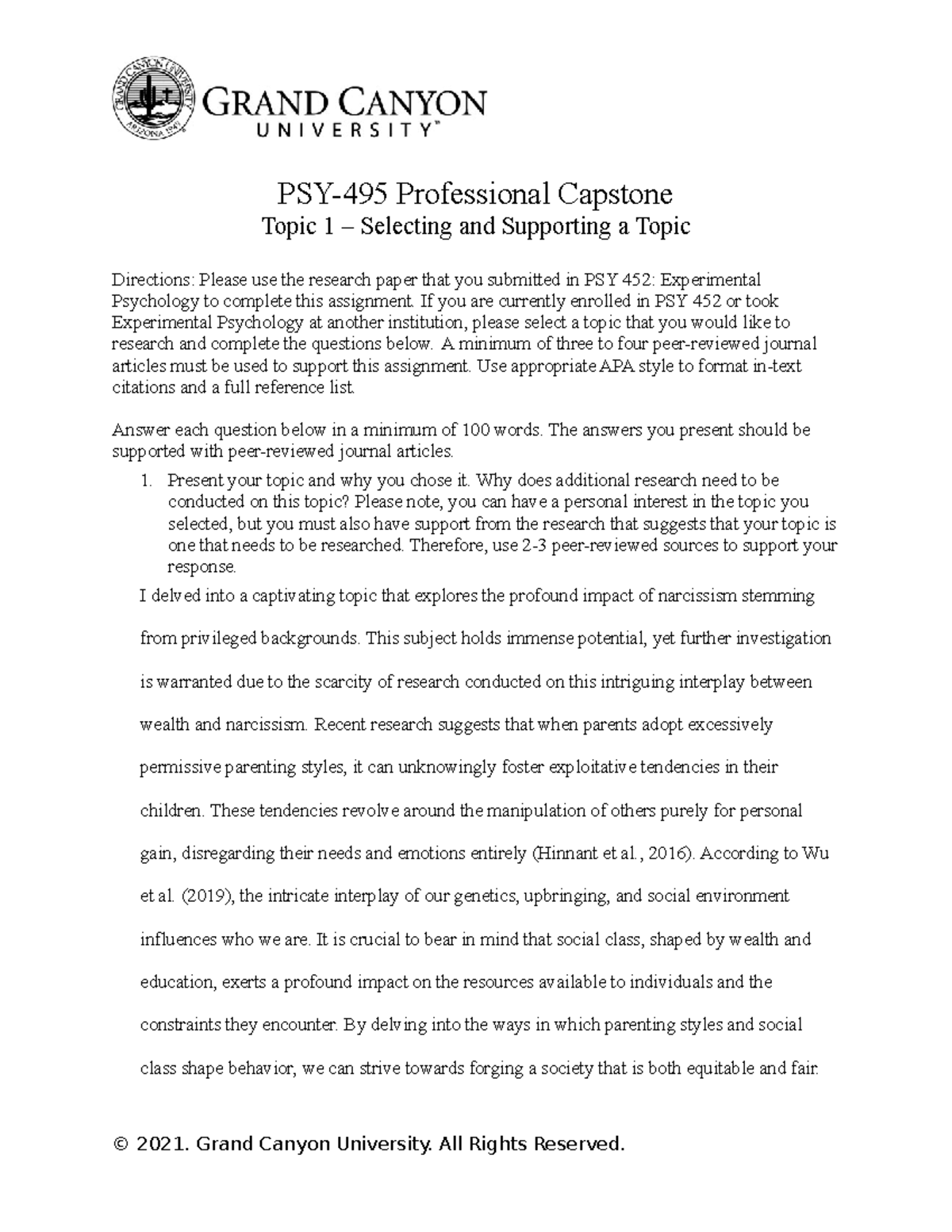 Selecting Supporting Topic - PSY-495 Professional Capstone Topic 1 ...