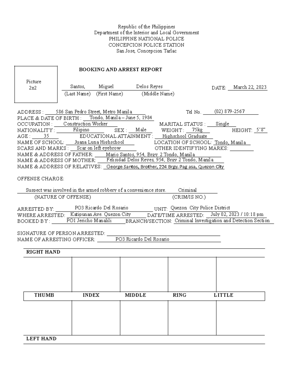 Booking AND Arrest Report - Republic of the Philippines Department of ...