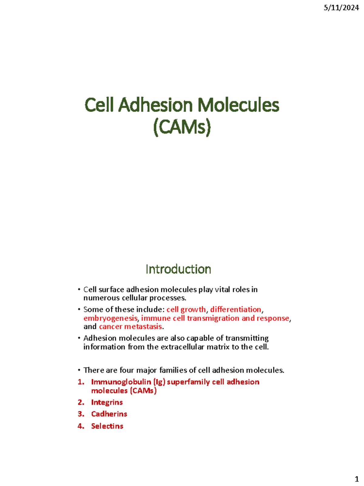 14. Cell adhesion molecules - Cell Adhesion Molecules (CAMs ...