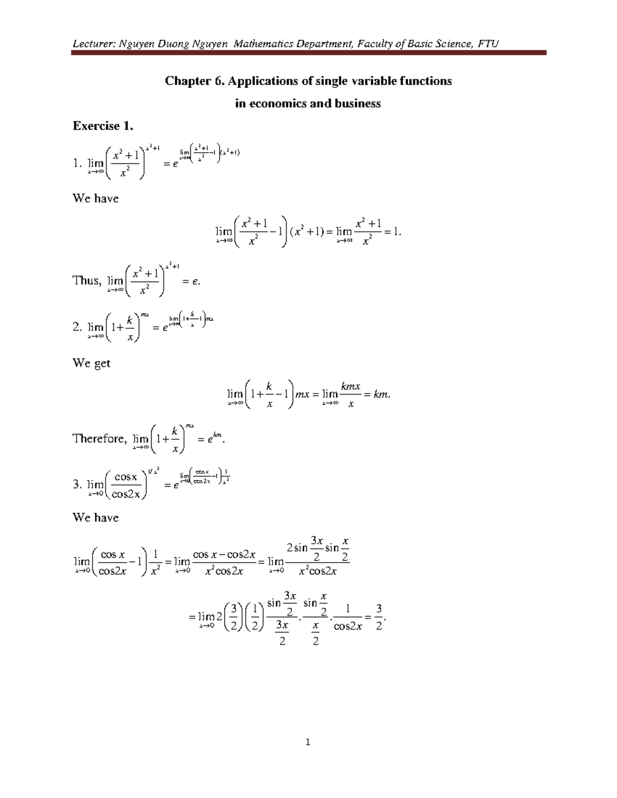 Answer to Exercises of Chapter 6 TCC - Chapter 6. Applications of single variable functions in ...
