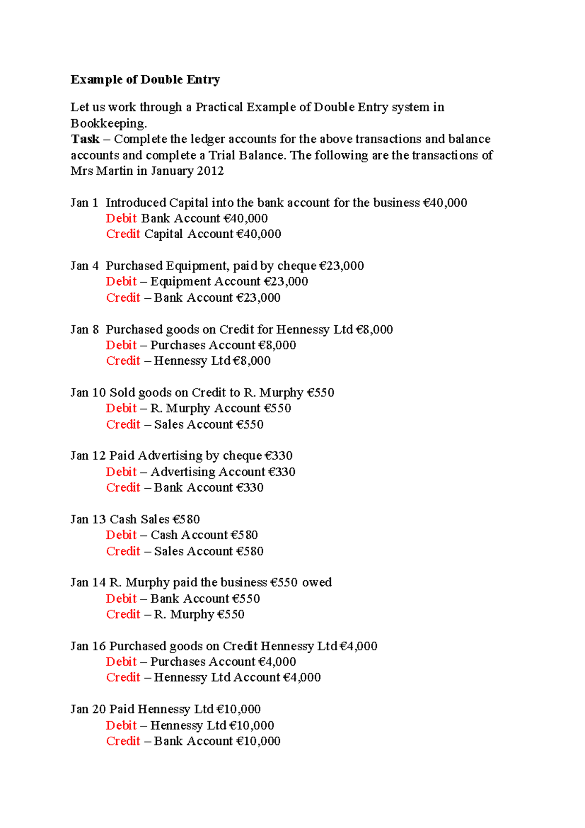Double entry questions - Example of Double Entry Let us work through a ...