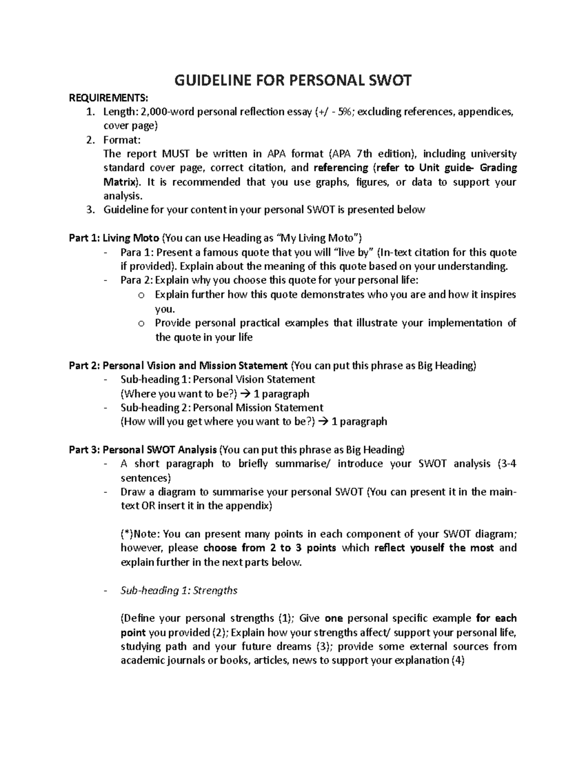 Guideline FOR Personal SWOT - GUIDELINE FOR PERSONAL SWOT REQUIREMENTS ...
