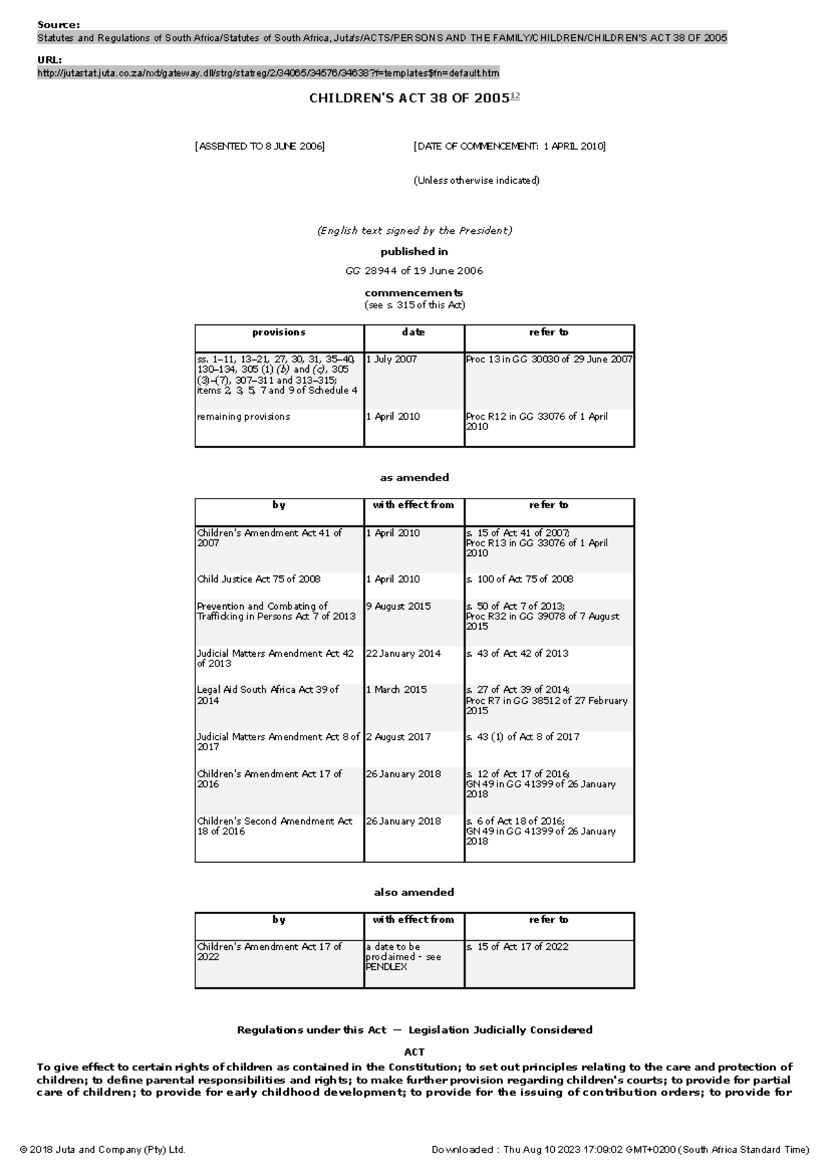Children'S ACT 38 OF 2005 - Source: Statutes and Regulations of South ...