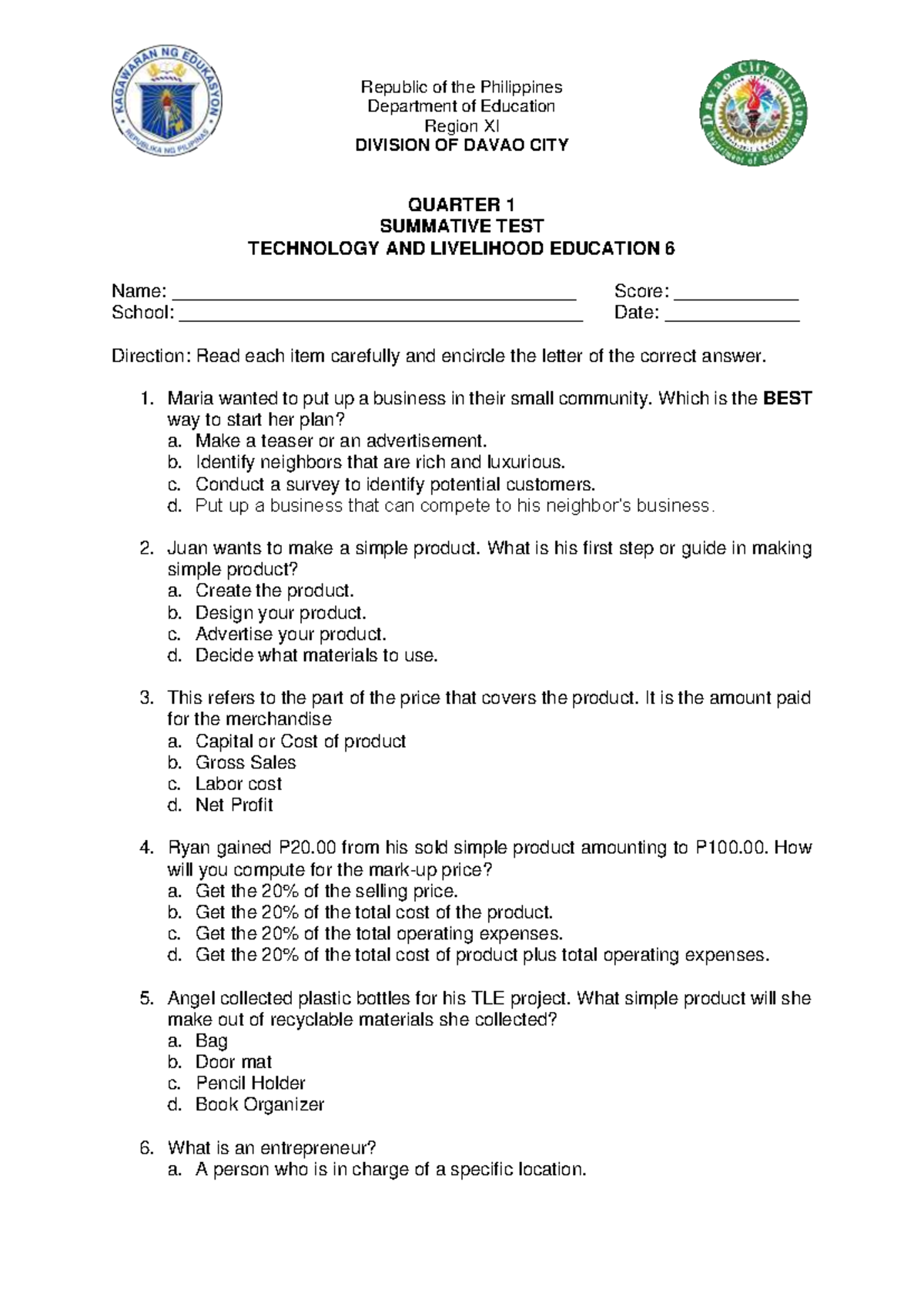 Q1 TLE 6 Summative Test - tle - Republic of the Philippines Department ...