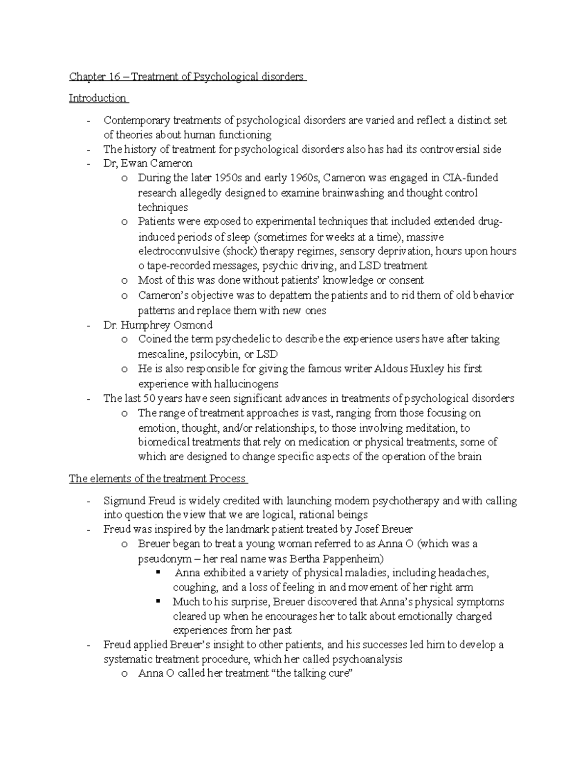 PSYC unit 9 - Class Notes - Chapter 16 – Treatment of Psychological ...
