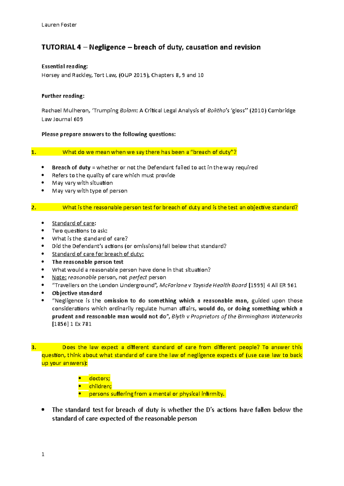 Tort law tutorial 4 2019 - TUTORIAL 4 – Negligence – breach of duty ...