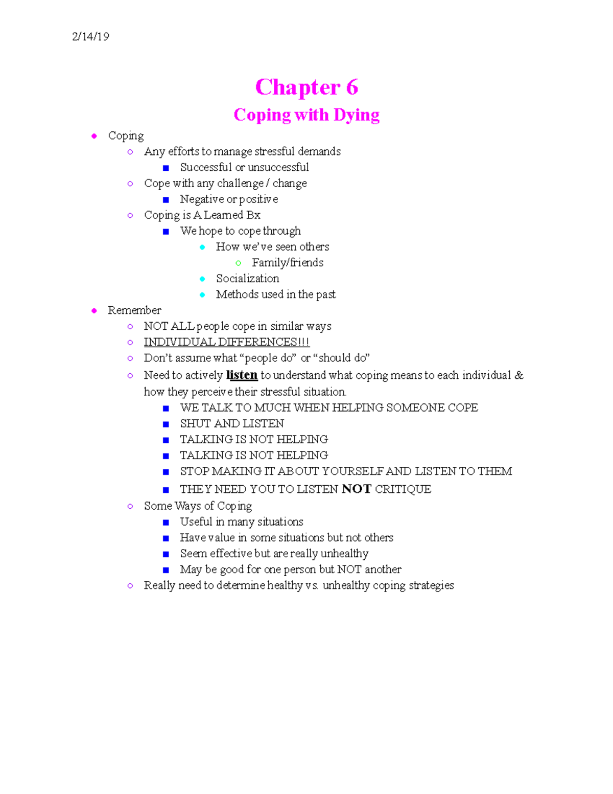 Chapter 6 - Death and Dying - 2/14/19 Chapter 6 Coping with Dying ...