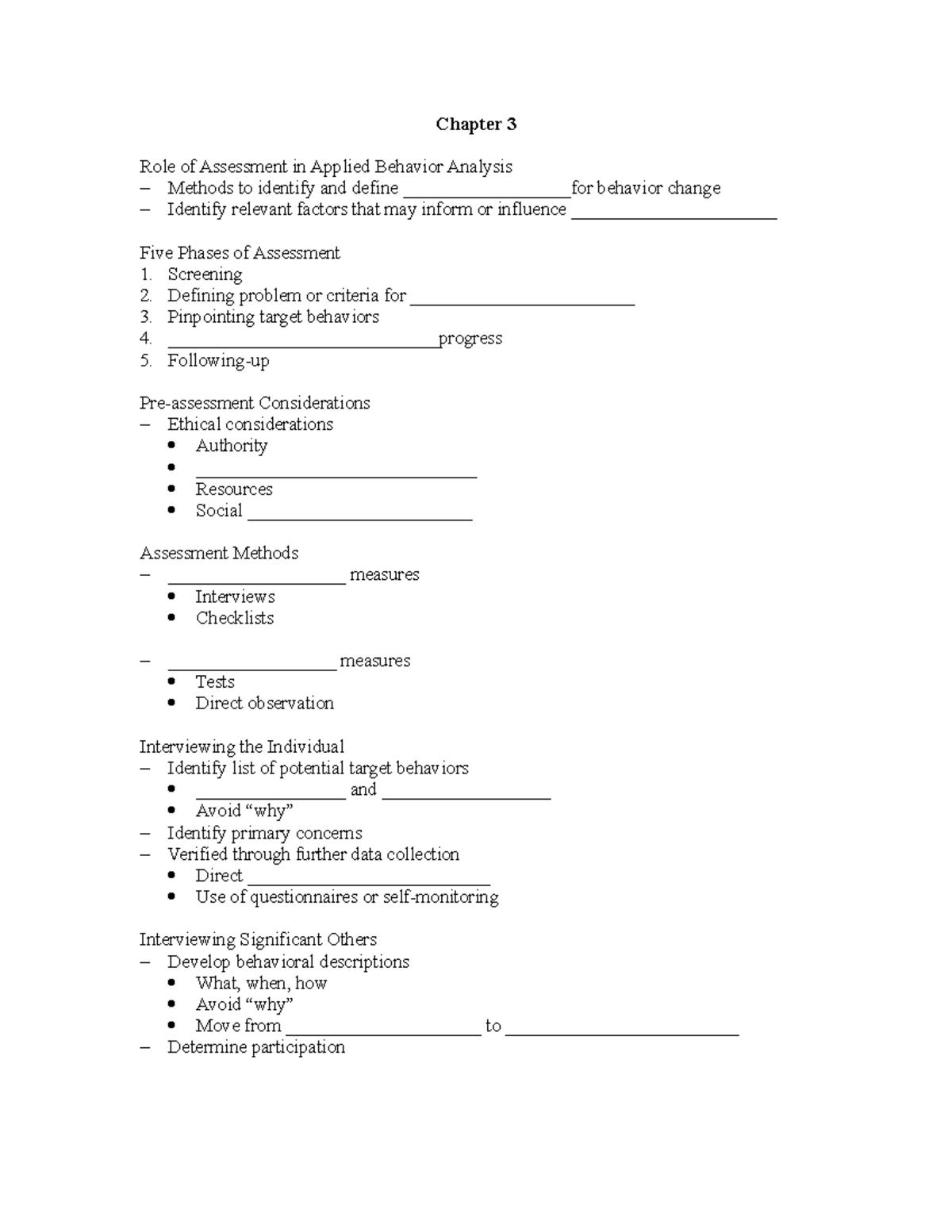 Chap03 - Class notes - Chapter 3 Role of Assessment in Applied Behavior ...