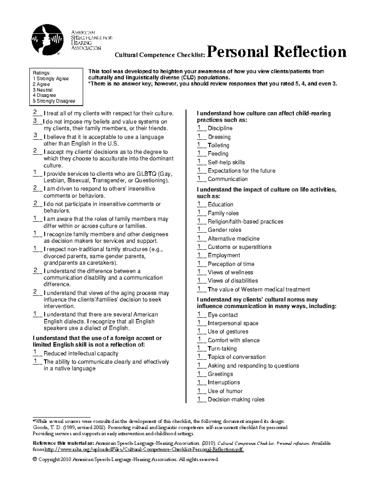 Cultural Competence Checklist-Personal Reflection-1 - Cultural ...