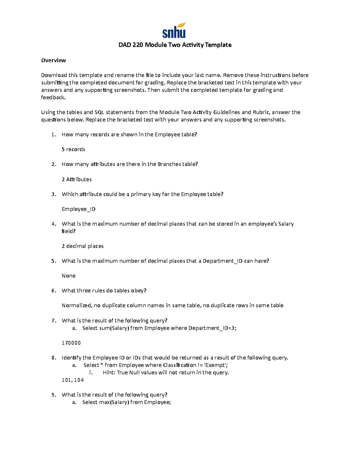 DAD 220 Module Two Activity - DAD 220 Module Two Ac/vity Template Overview Download this ...