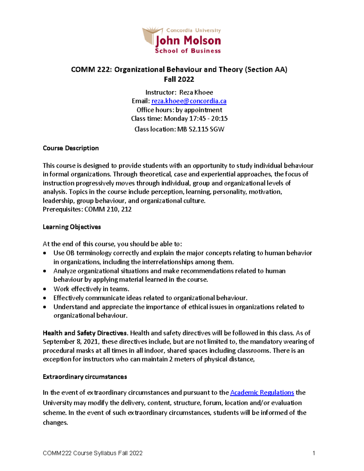 COMM222 Fall 2022 Course Syllabus - COMM 222: Organizational Behaviour ...