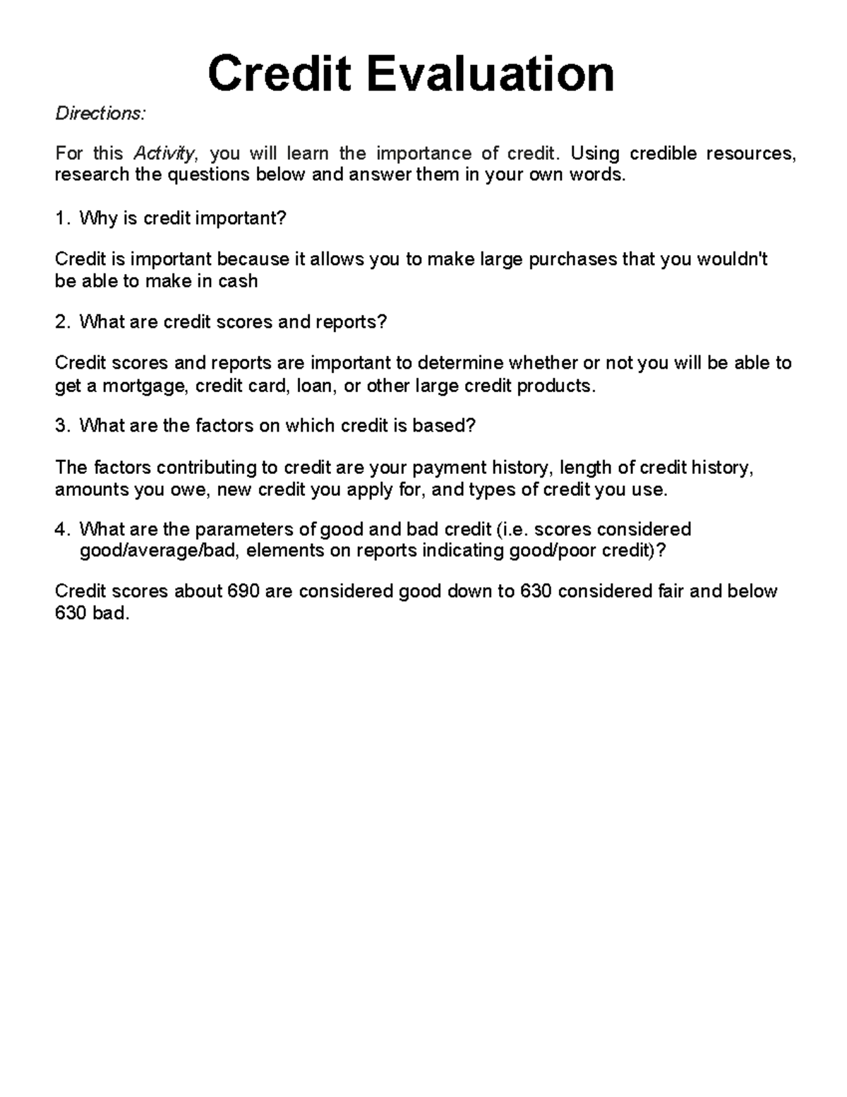 Activity - Credit Evaluation - Credit Evaluation Directions: For this ...