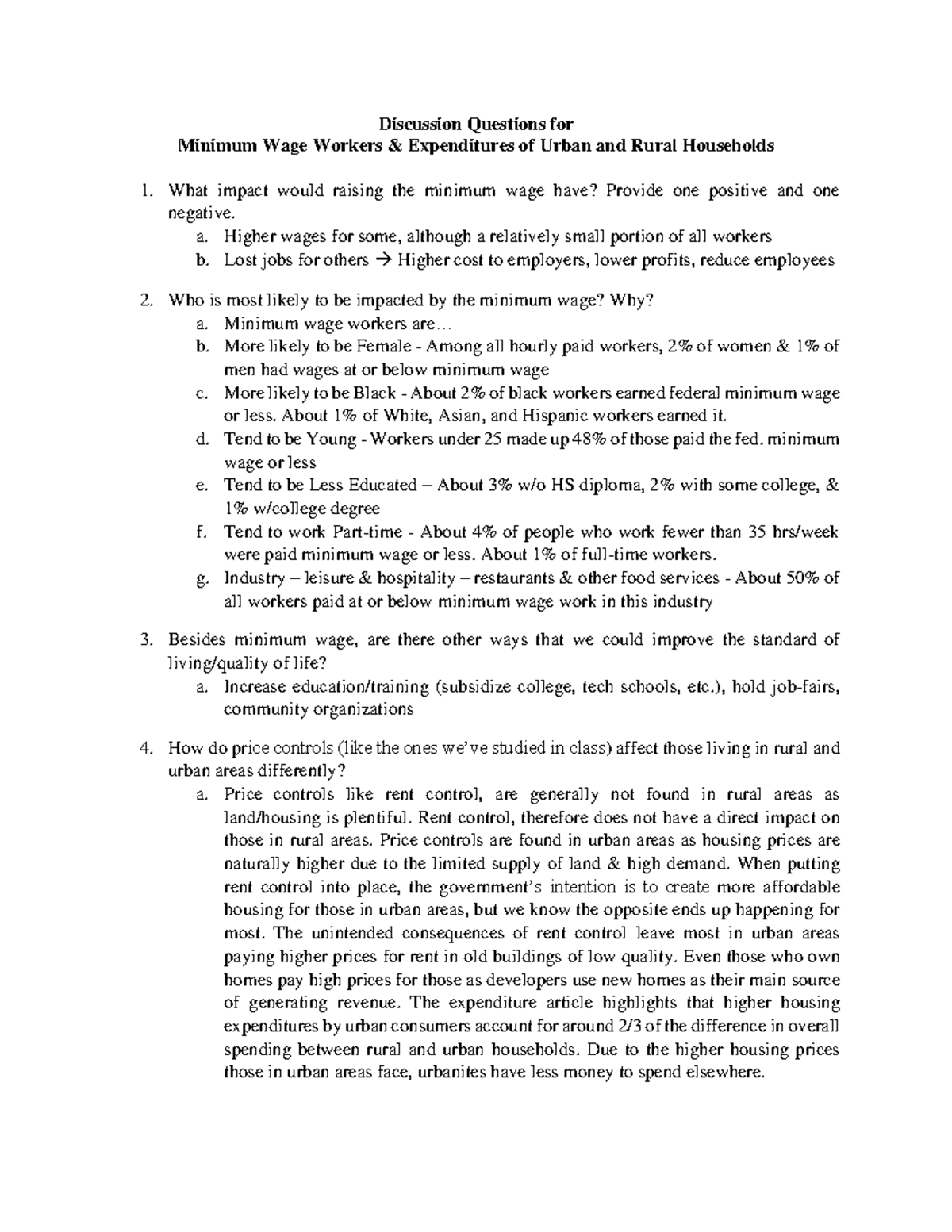 Minimum Wage and Urban Household Discussion Question Answers ...