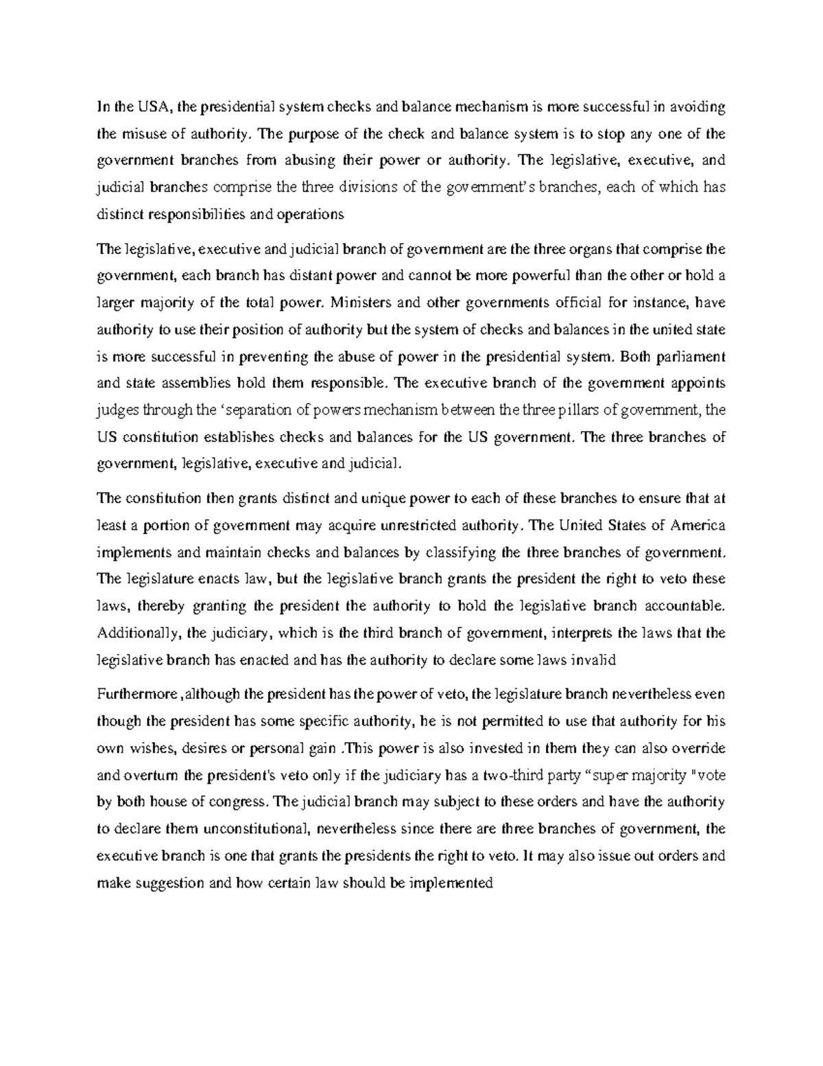 Checks and balance essay - In the USA, the presidential system checks ...