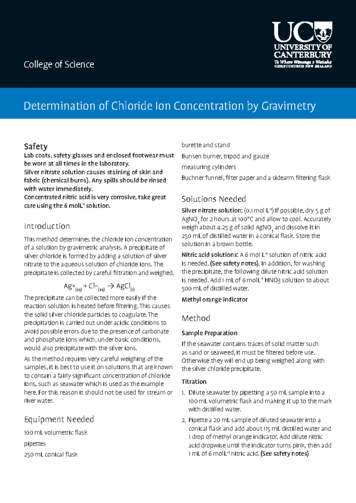 Determination of Chloride Ion Concentration by Gravimetry - College of ...