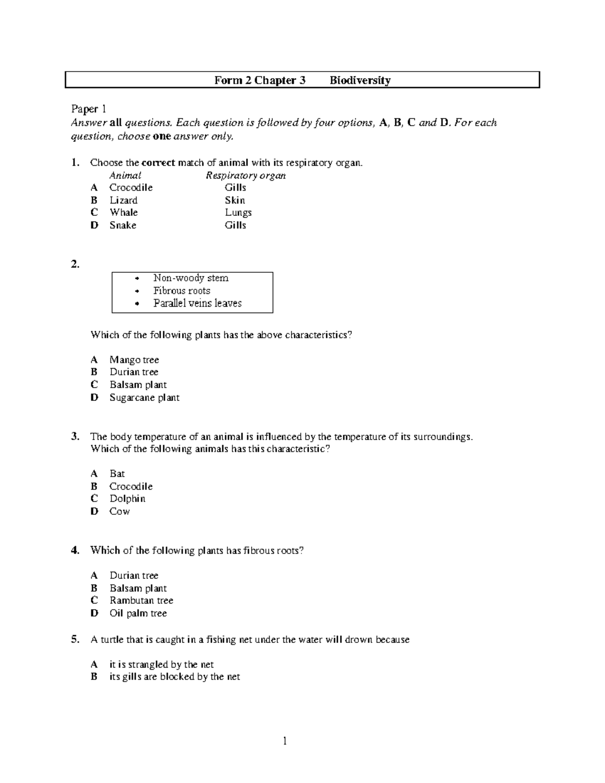 F2-chapter-3 - Form 2 Chapter 3 Biodiversity Paper 1 Answer all ...