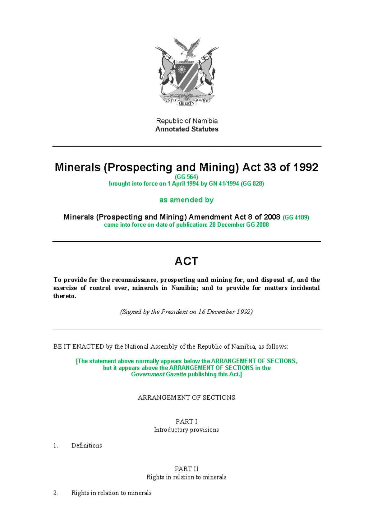 Minerals (Prospecting and Mining) Act 33 of 1992 - (Signed by the ...