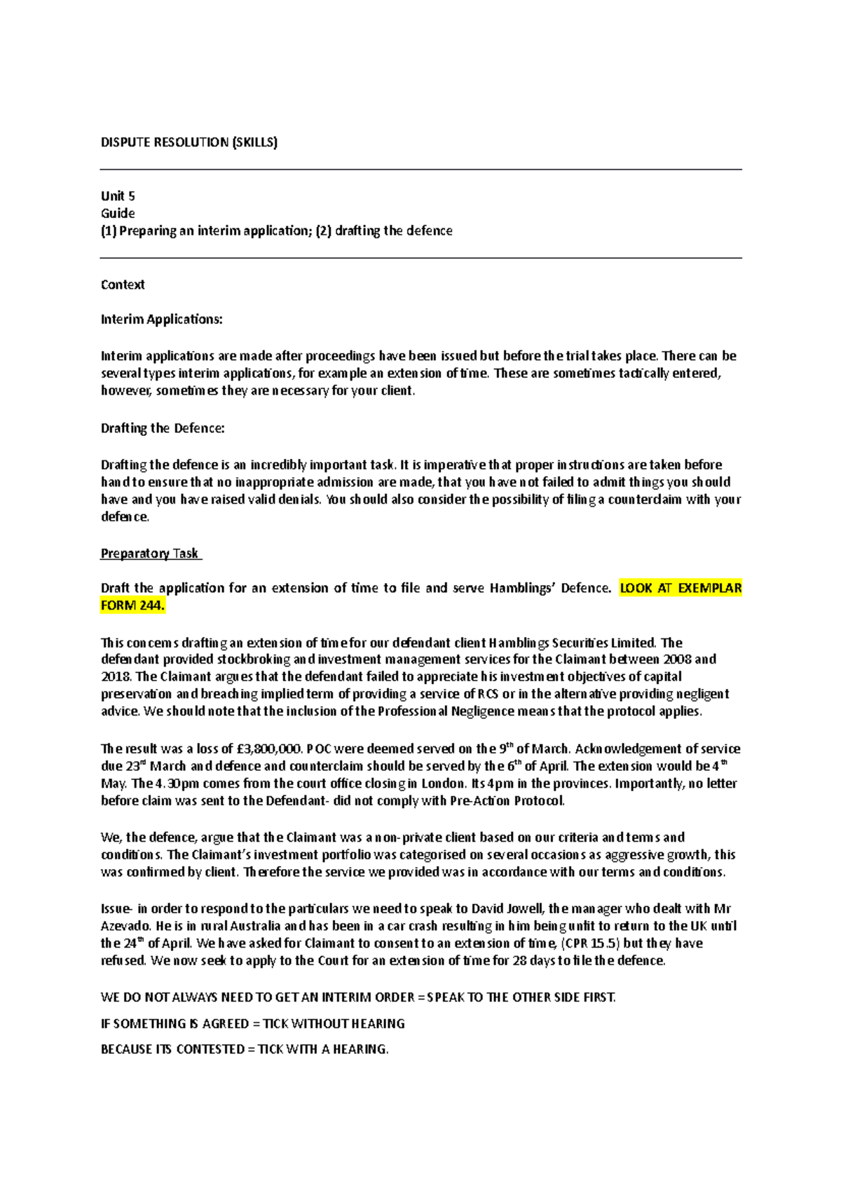 Dispute Resolution Workshop 5 guide - DISPUTE RESOLUTION (SKILLS) Unit ...