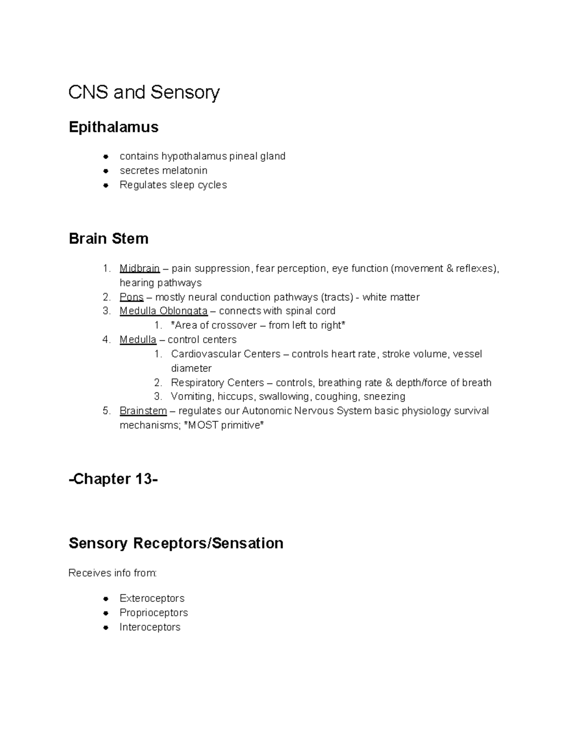 CNS and Sensory - important key notes for exams - CNS and Sensory ...