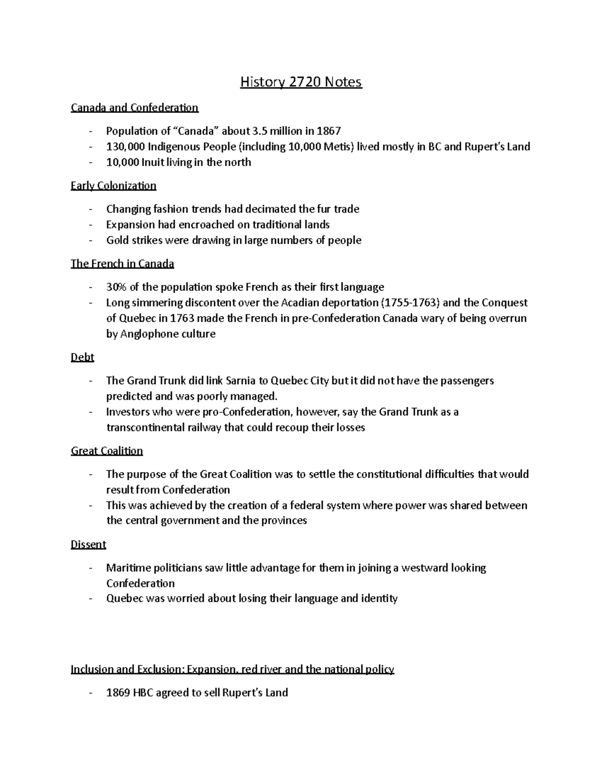 History 2720 Notes - History 2720 Notes Canada and Confederation ...