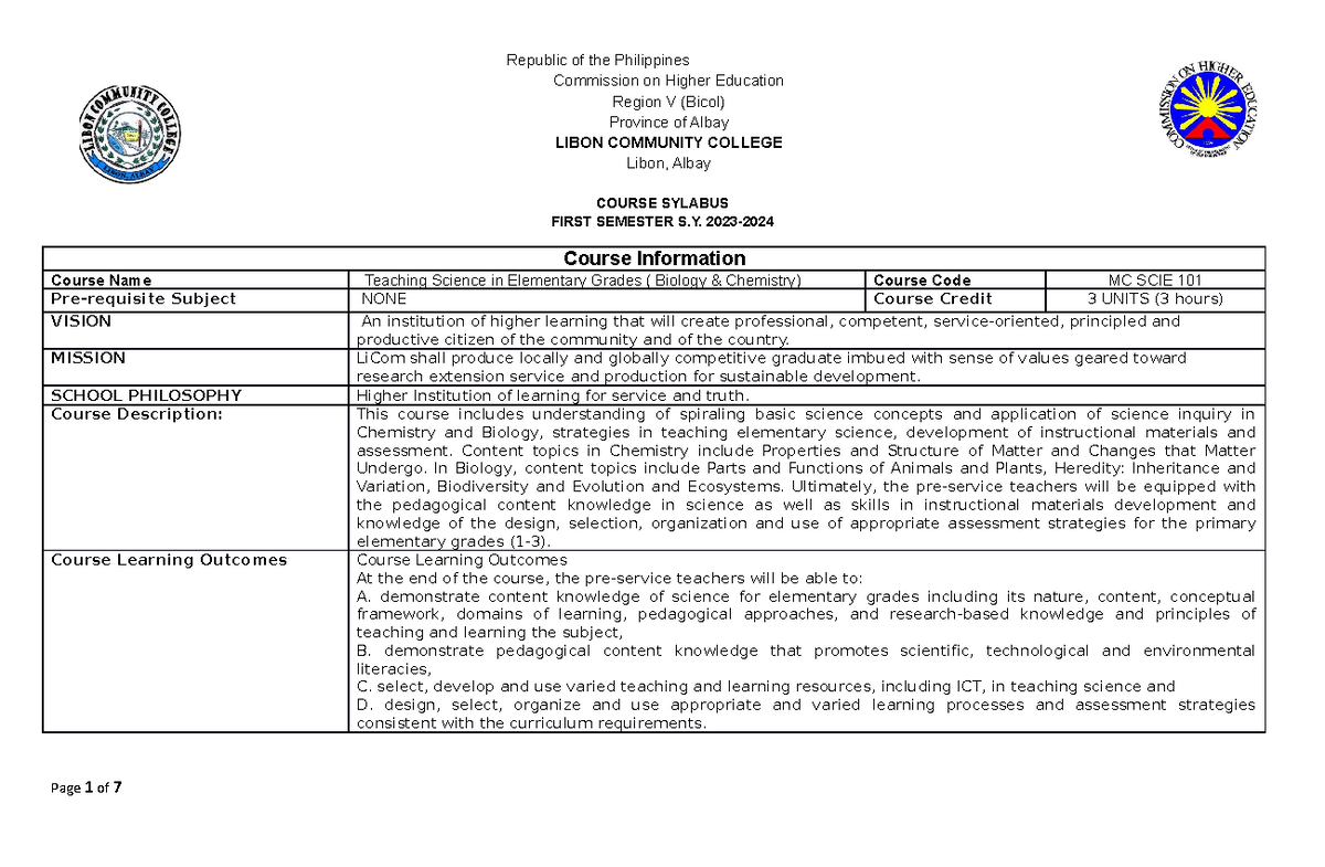 Course Syllabus in Teaching SCI IN ELEM Grades - Republic of the ...