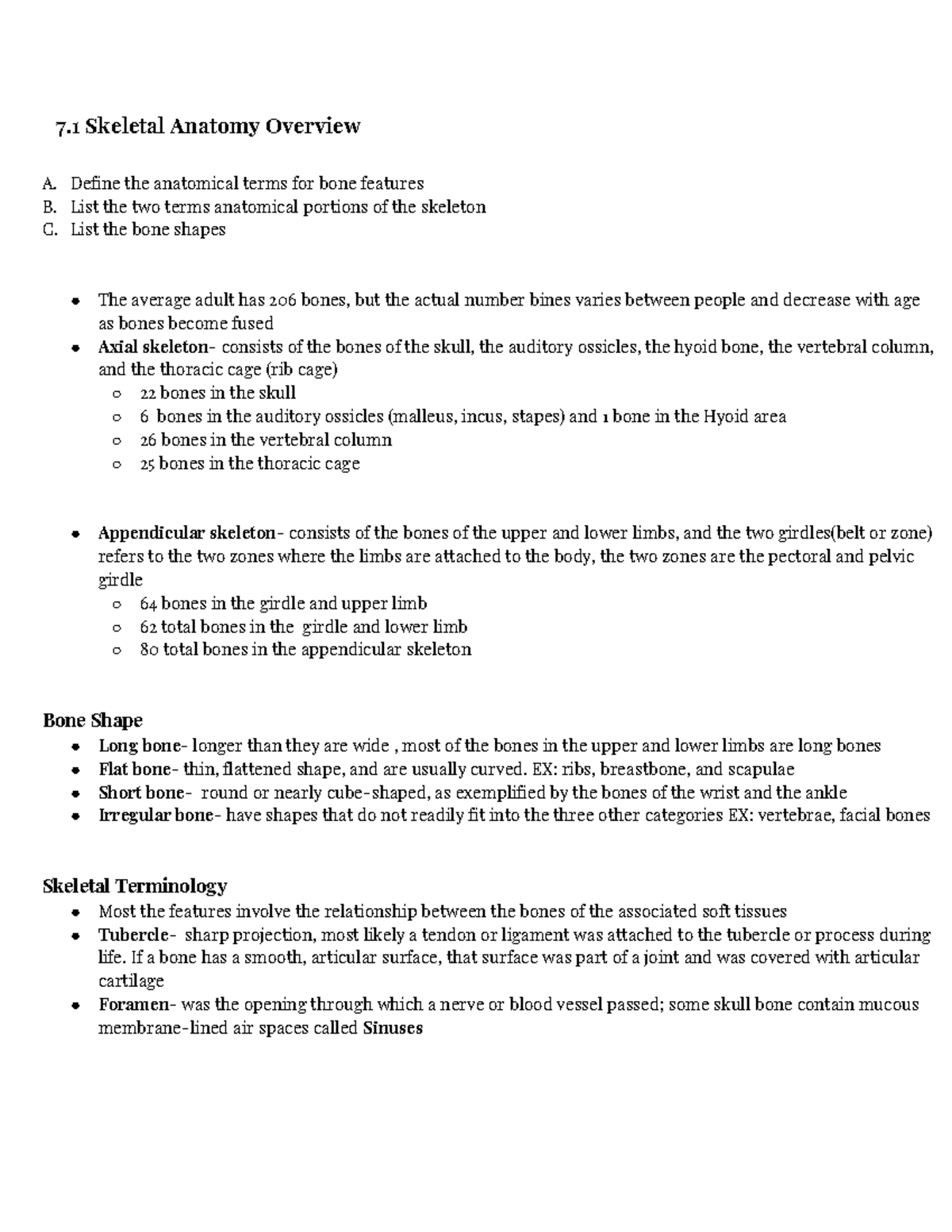 Skeletal System - 7 Skeletal Anatomy Overview A. Define the anatomical ...
