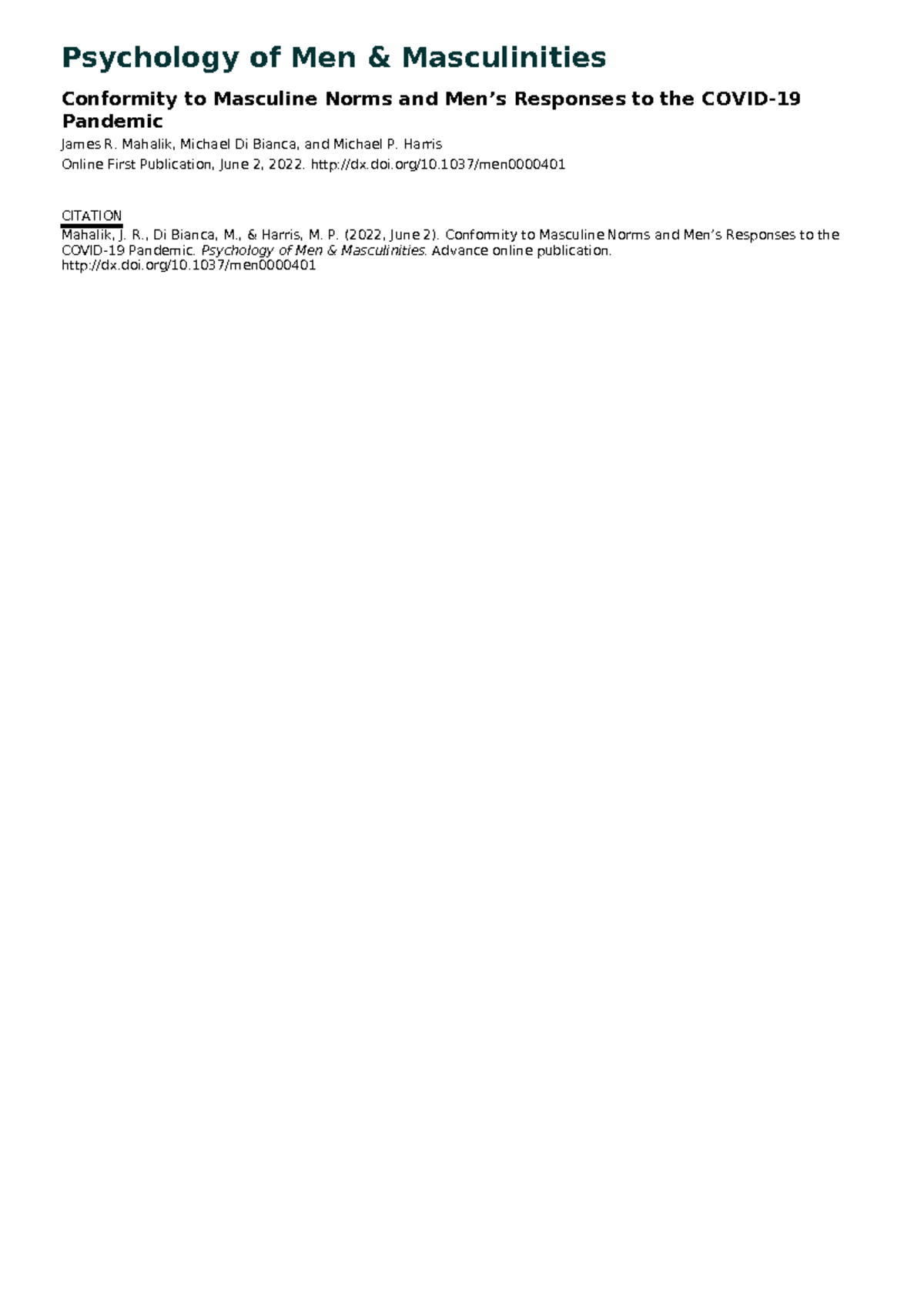 Conformity to Masculine Norms and Men’s Responses to the Covid-19 ...