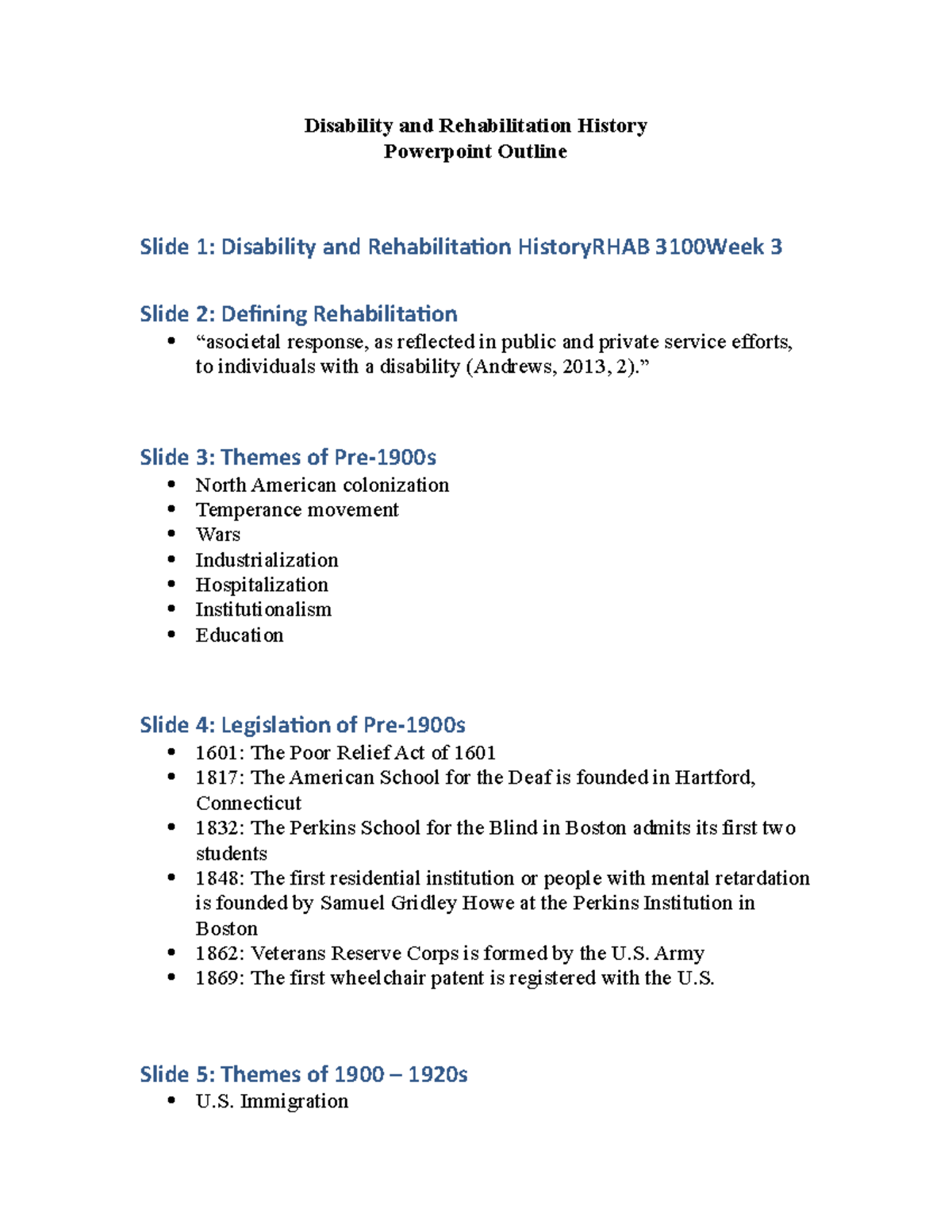 Disability and Rehabilitation History Outline - Disability and ...